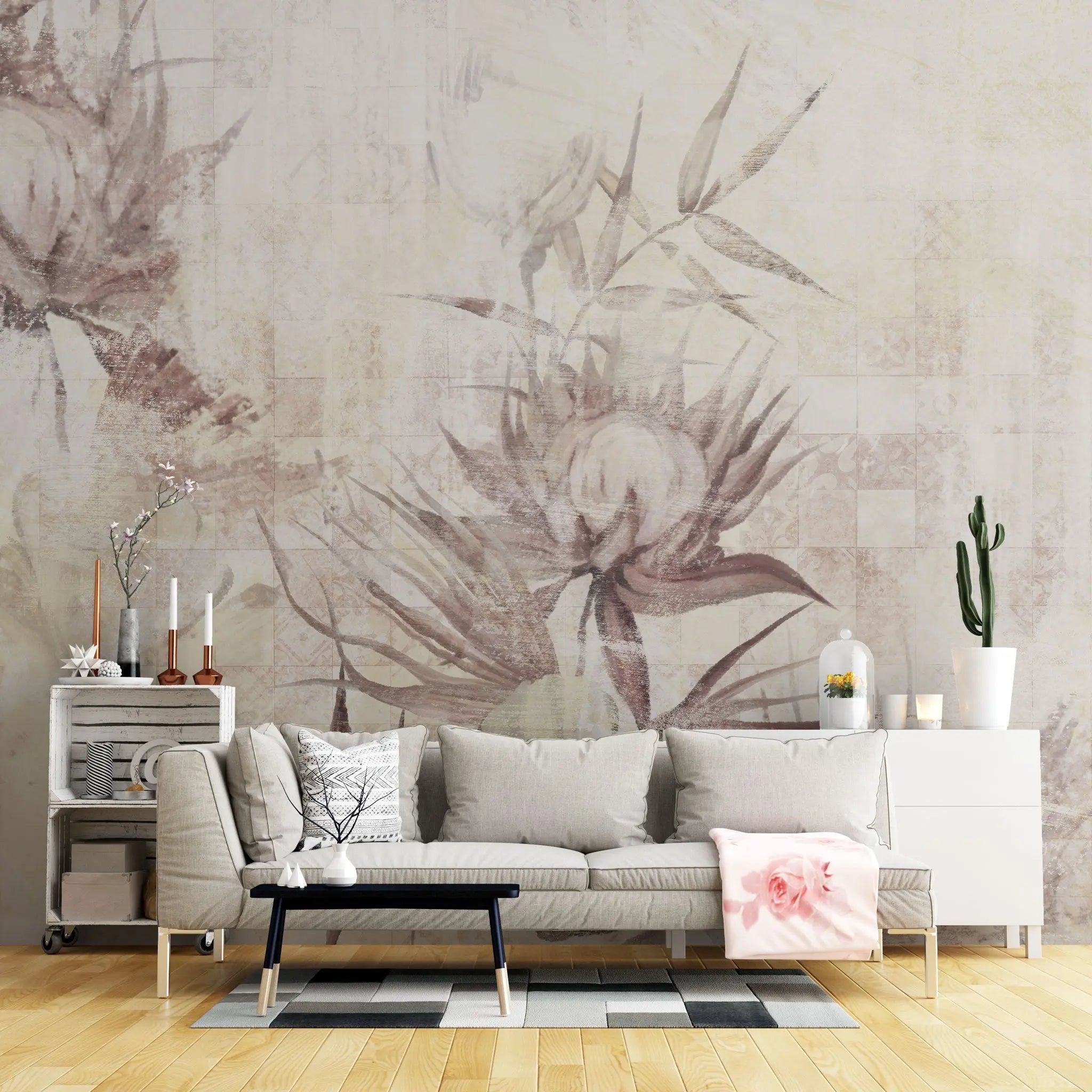 Tapet personalizat - FADED TILE FLOWERS – beudis.ro